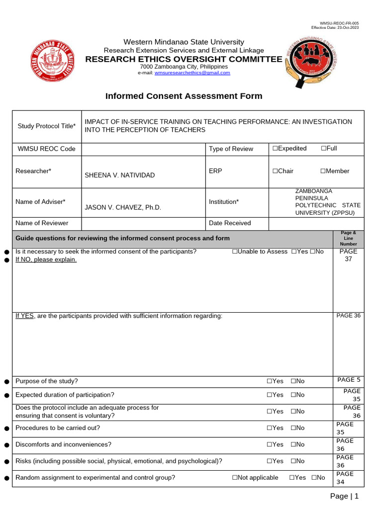 5-FR.005 Informed Consent Assessment Form | PDF | Informed Consent