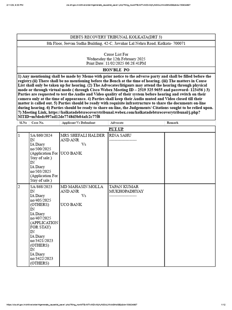 Cause List Dated 12-02-2025 - DRT 3 Kolkata - Global Aqua - Canara Bank | PDF | Banks | Banking