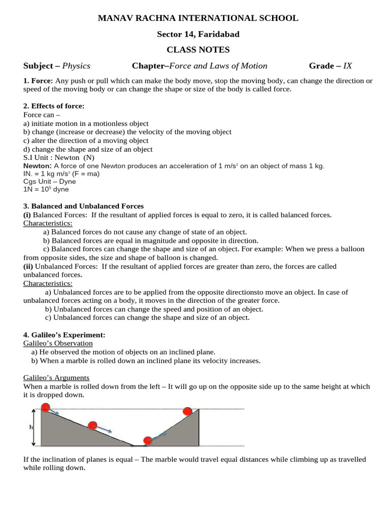 Notes - Force and Laws of Motion | PDF | Force | Inertia