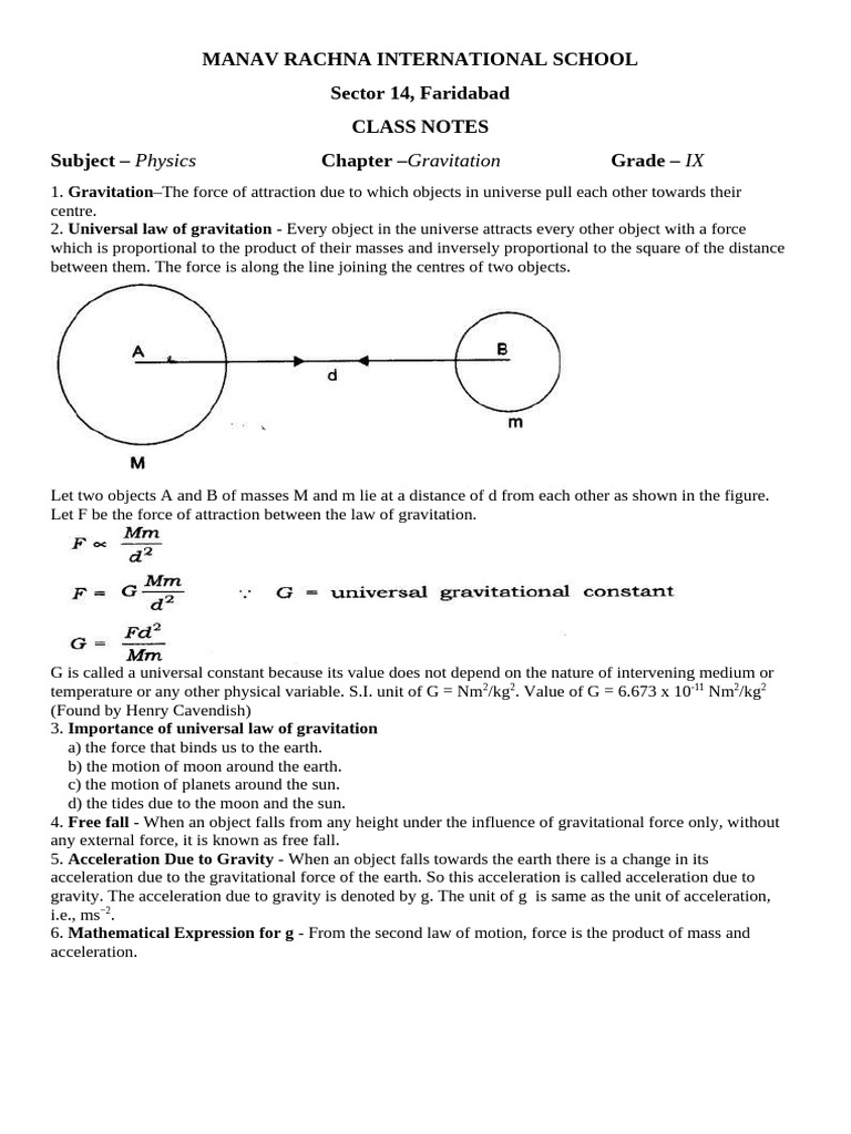 Physics Class IX: Gravitation Notes | PDF | Gravity | Force