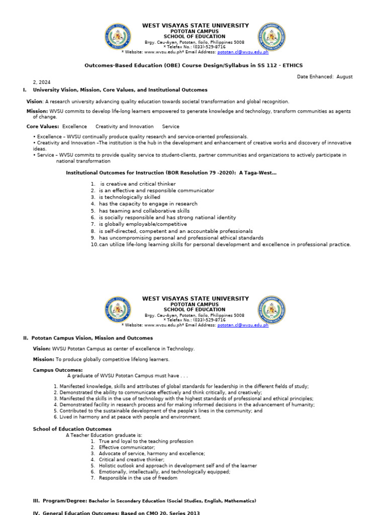 SS112 Ethics Postrado Syllabus July 2024 SOED | PDF | Morality | Thomas Aquinas