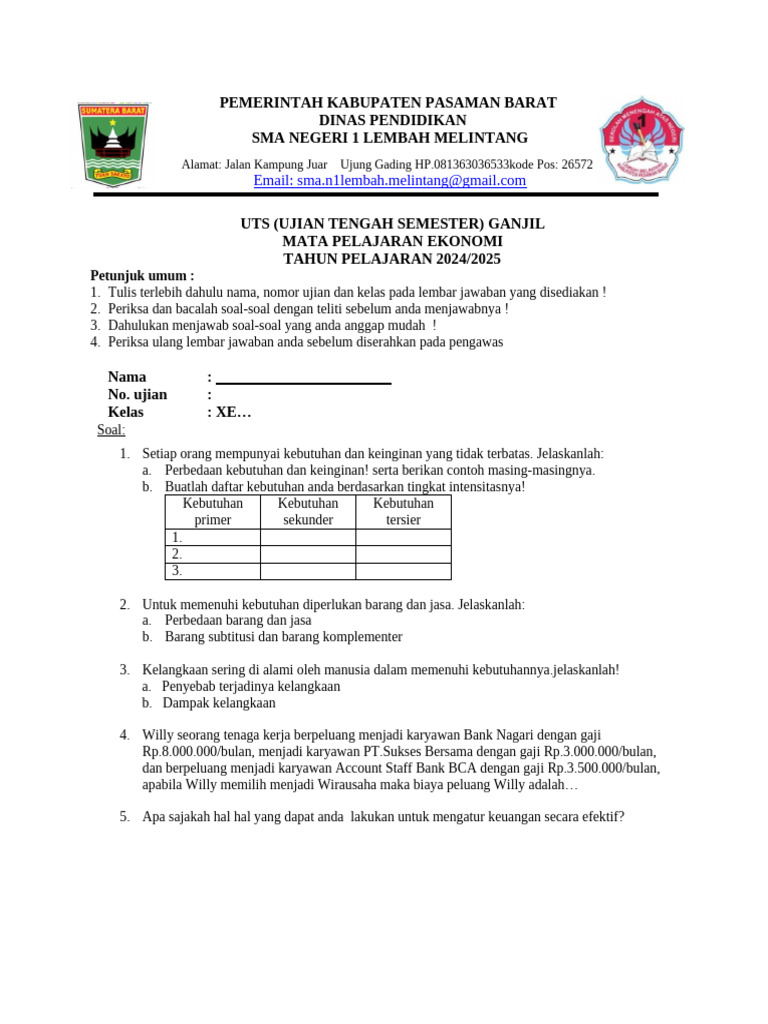 Soal UTS Ekonomi Ganjil 2024 2025 | PDF