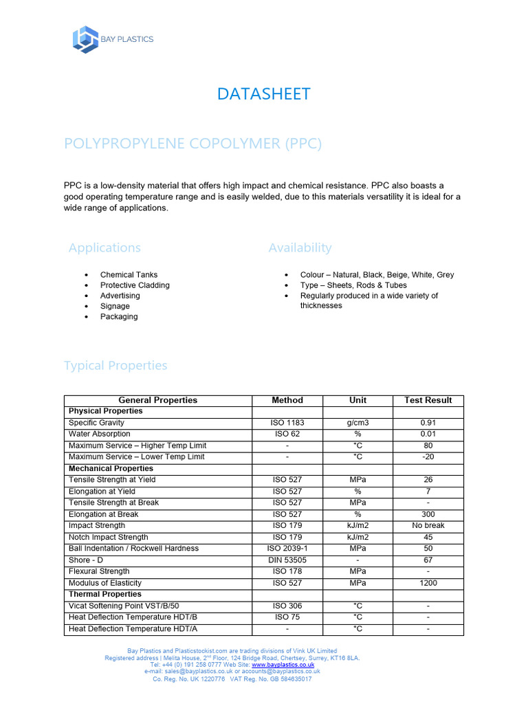 Polypropylene Copolymer (PPC) Datasheet | PDF | Strength Of Materials ...