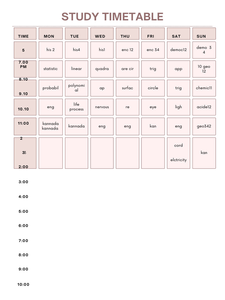 Pink & White Minimalist Study Timetable Planner | PDF