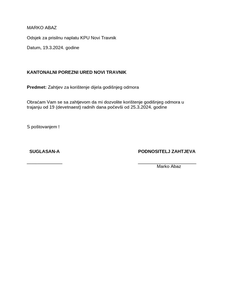 Zahtjev Za Godišnji Odmor | PDF