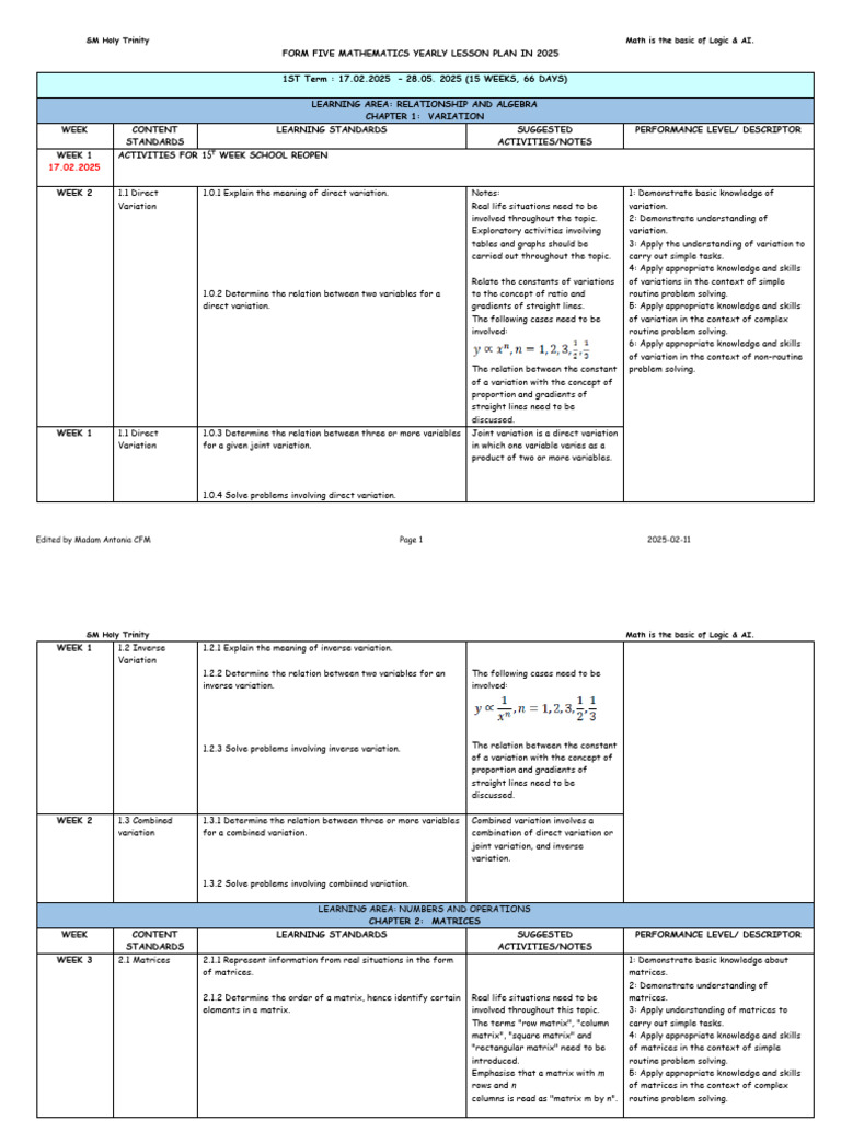 RPT Maths F5 (DLP) 2025 | PDF | Matrix (Mathematics) | Algebra