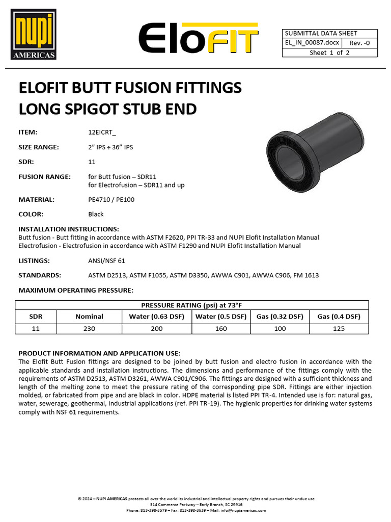 12EICRT - Elofit BF Stub End IPS PE4710 SDR 11 | PDF | Pipe (Fluid ...