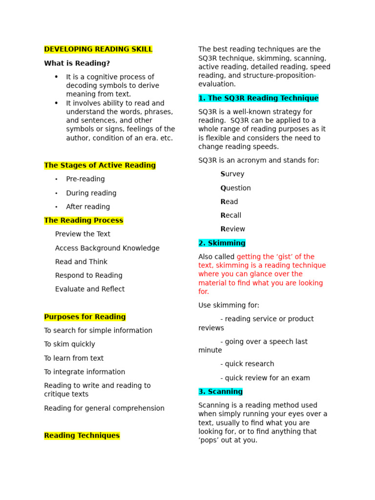Developing Reading and Speaking Skill | PDF | Reading Comprehension ...
