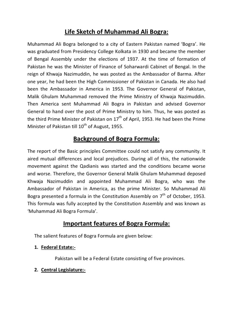 Muhammad Ali Bogra Formula Explained | PDF