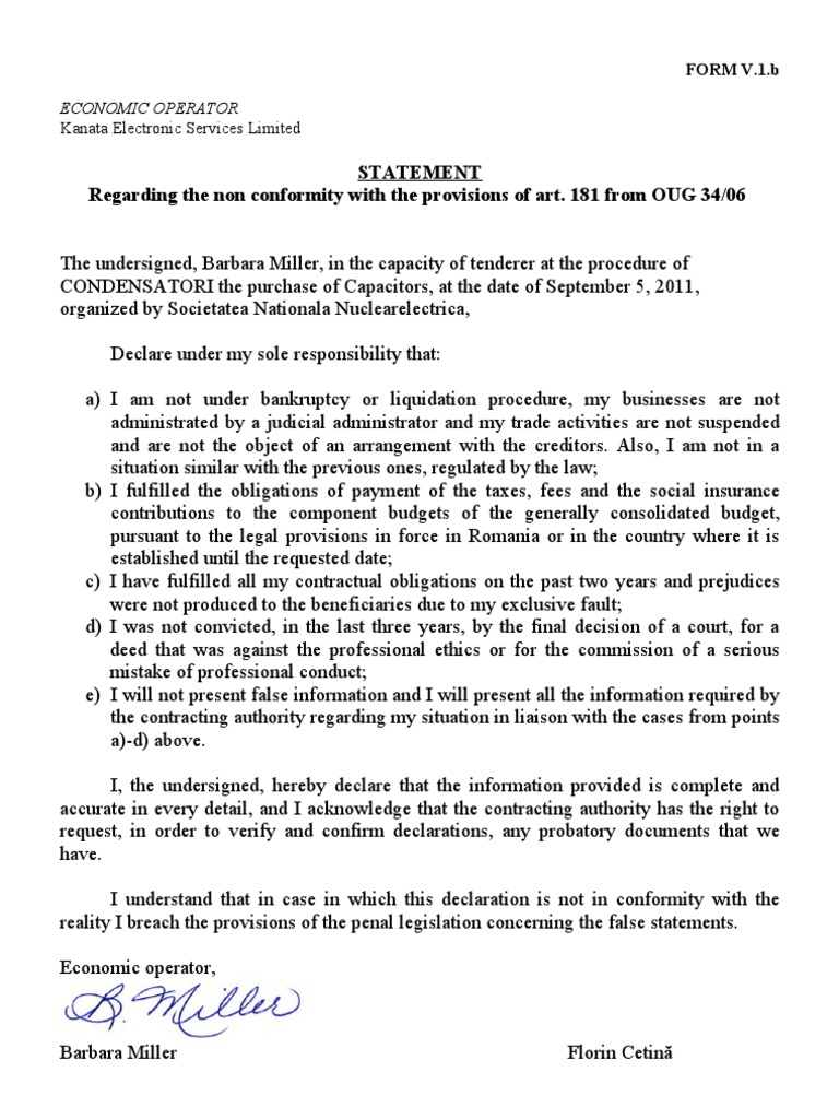 Statement Regarding The Non Conformity With The Provisions of Art. 181 ...