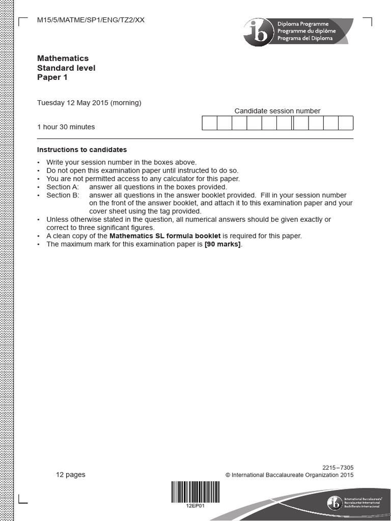 Mathematics - Paper - 1 - TZ2 - SL - 2015 May | PDF