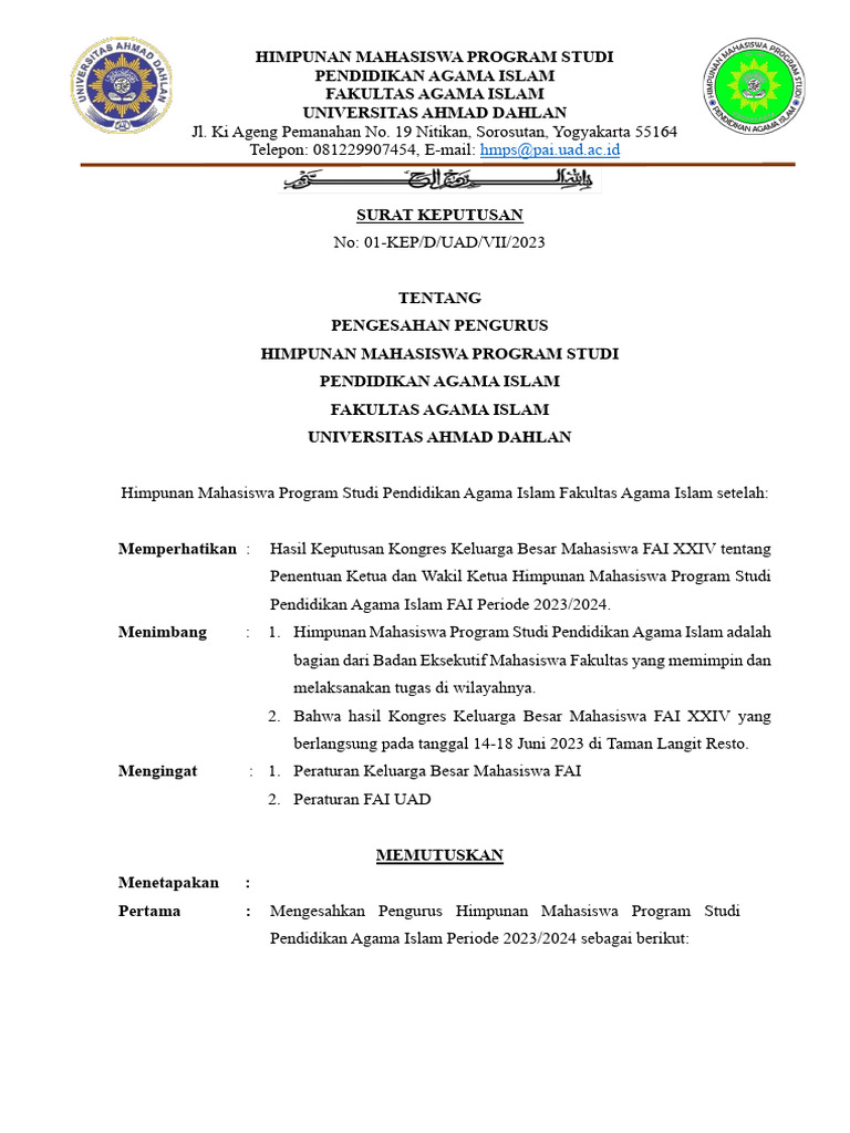 SK Pengurus HMPS PAI Periode 2023 2024 | PDF