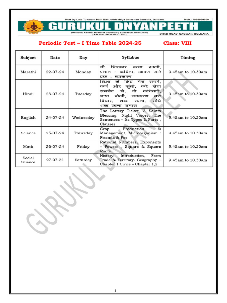 Class 8th PT 1 Syllabus & Time Table | PDF
