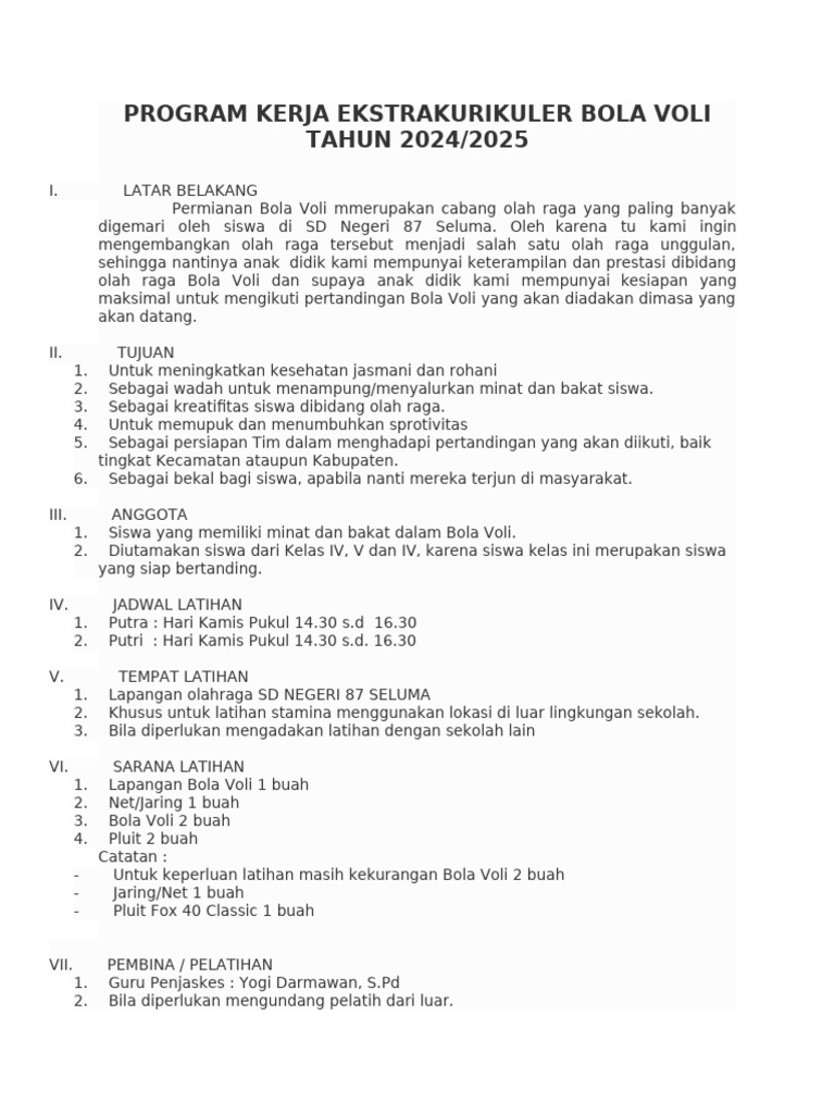 Pmm Program Kerja Ekstrakurikuler Bola Voli | PDF