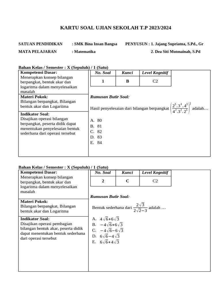 Kartu Soal Matematika T.P 2023-2024 | PDF