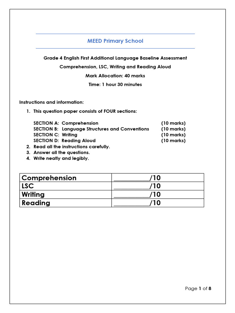 Grade 4 English Baseline Assessment | PDF | Nelson Mandela ...