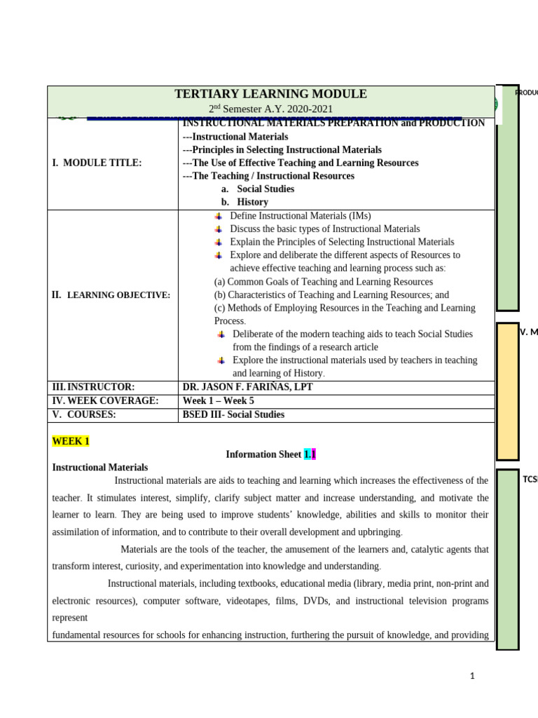 Production Fo Social Studies Ims Module 1 | PDF | Learning | Teachers