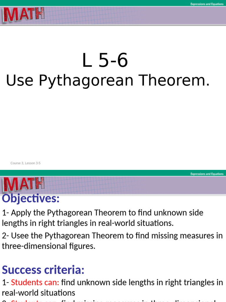 L 5-6 Use Pythagorean Theorem | PDF | Geometry | Equations