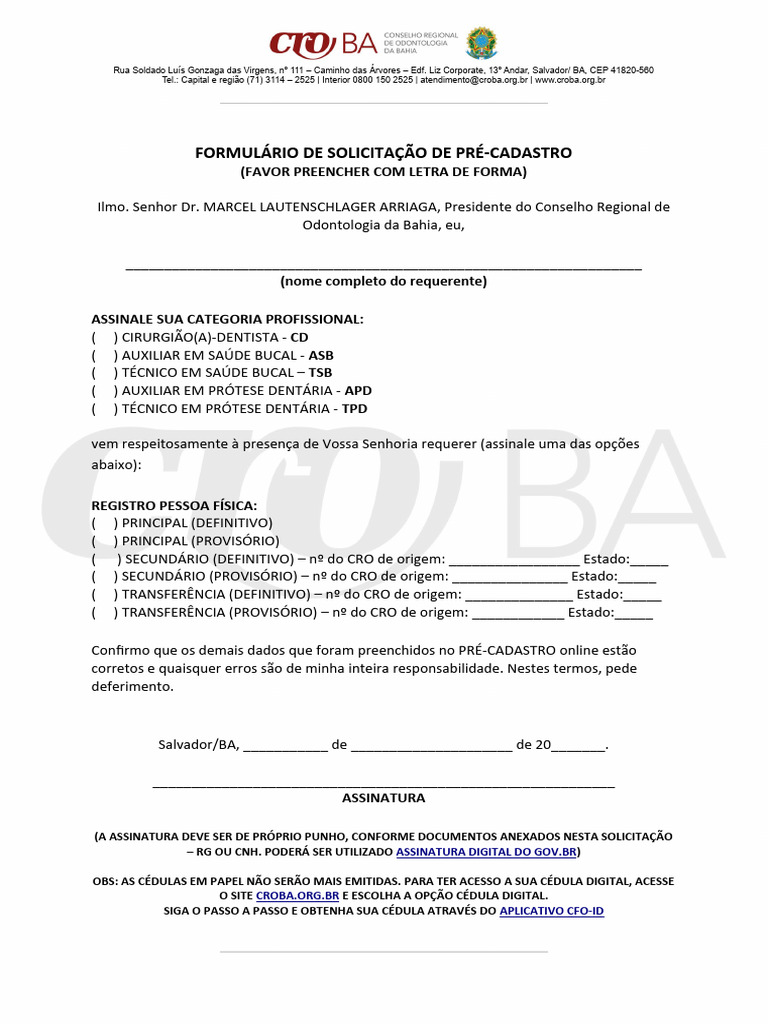 Formulario Pre Cadastro Profissional-1 | PDF