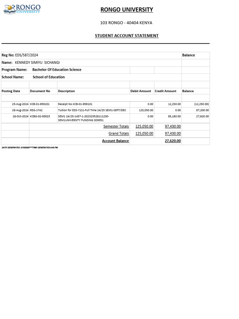 Rongo University: Student Account Statement | PDF