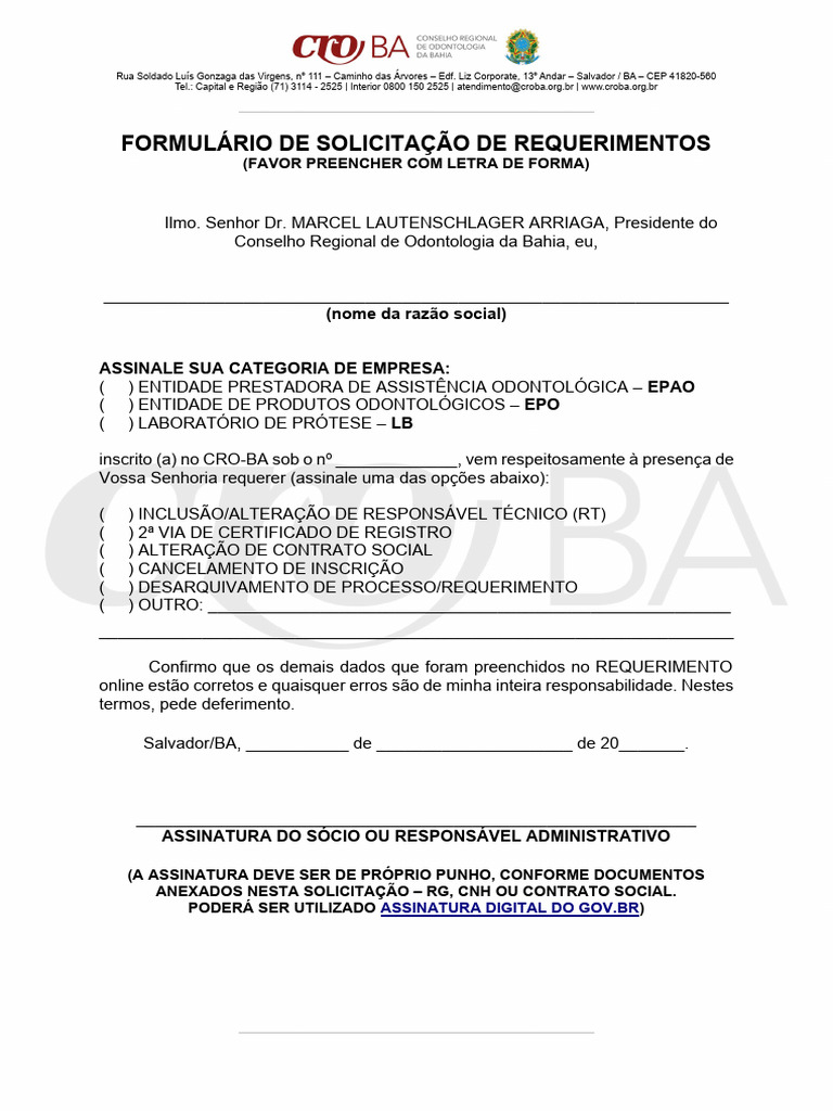 Formulário de Requerimentos CRO-BA | PDF
