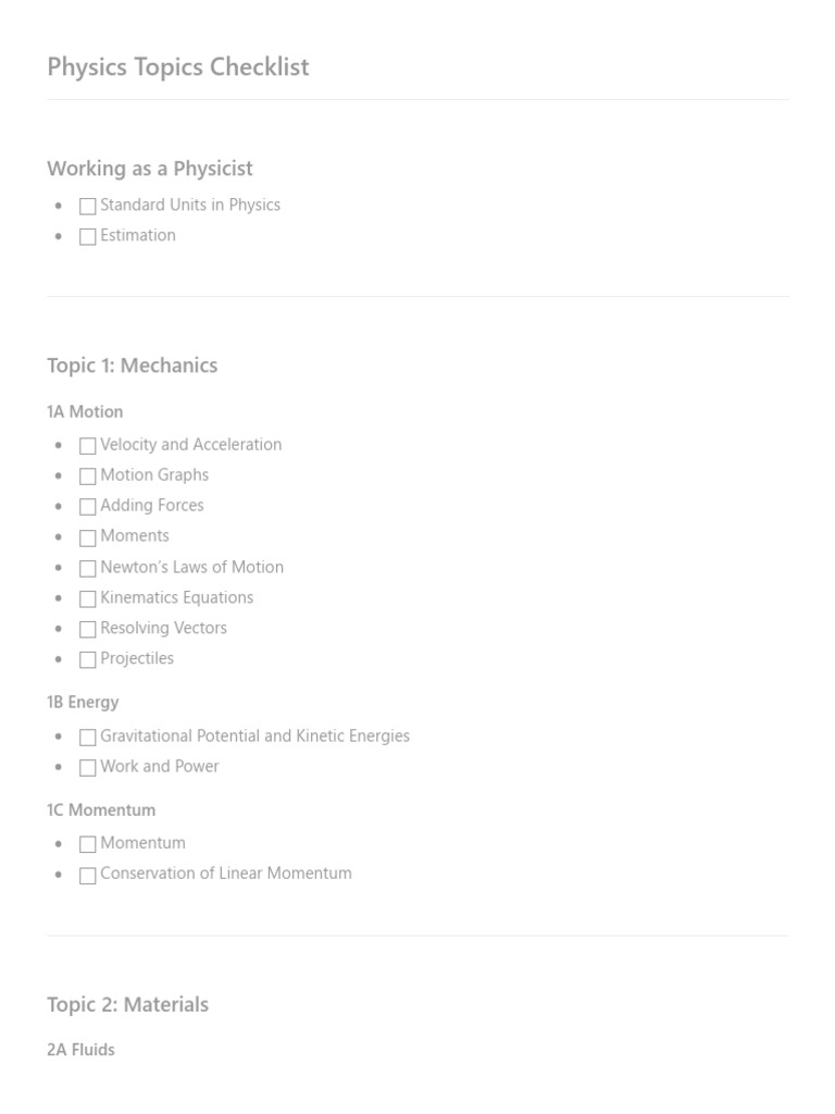 Physics Topics Checklist | PDF