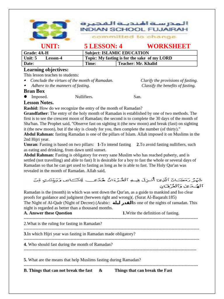 WORKSHEET GRADE 4 TERM II (FASTING) Term III | PDF | Ramadan | Islamic ...