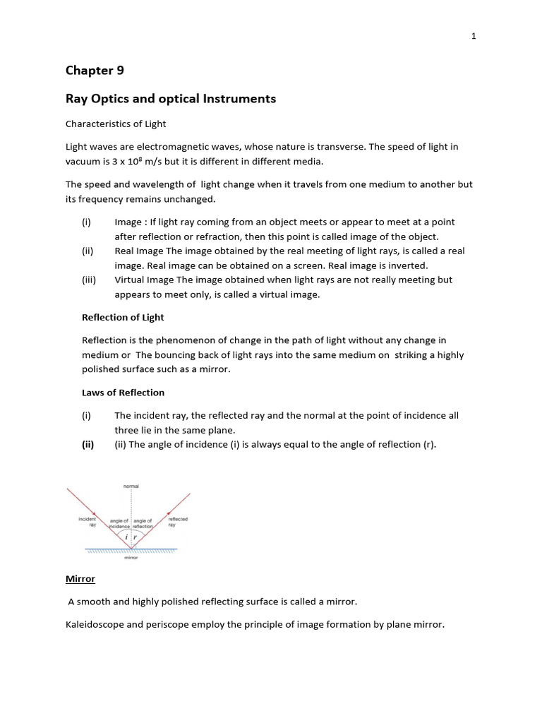 Ray Optics Notes 2024-2025 | PDF | Reflection (Physics) | Refractive Index
