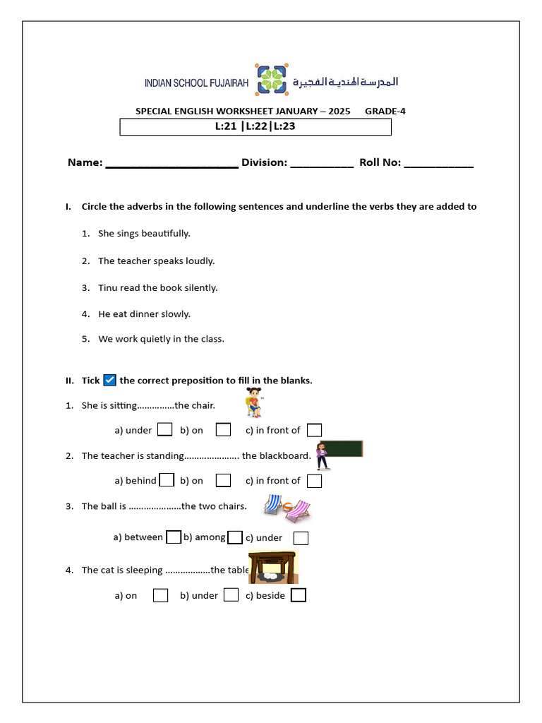Grade 4 Adverbs and Prepositions Worksheet | PDF
