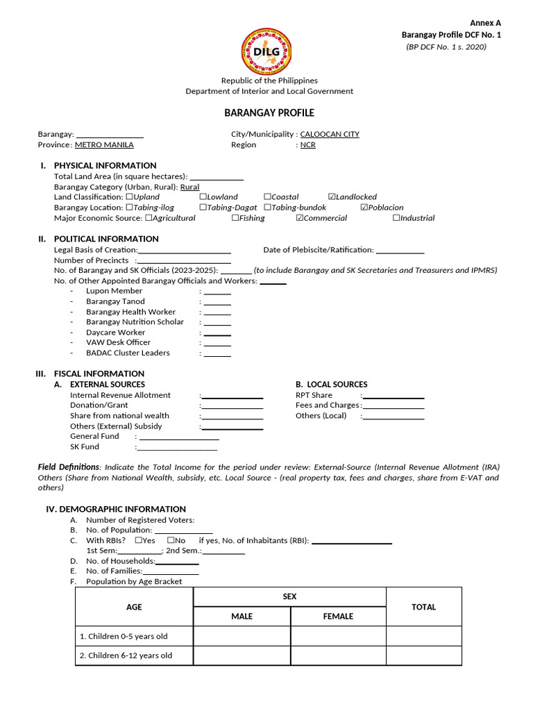 Barangay Profile: Caloocan City DCF 2020 | PDF | Economies