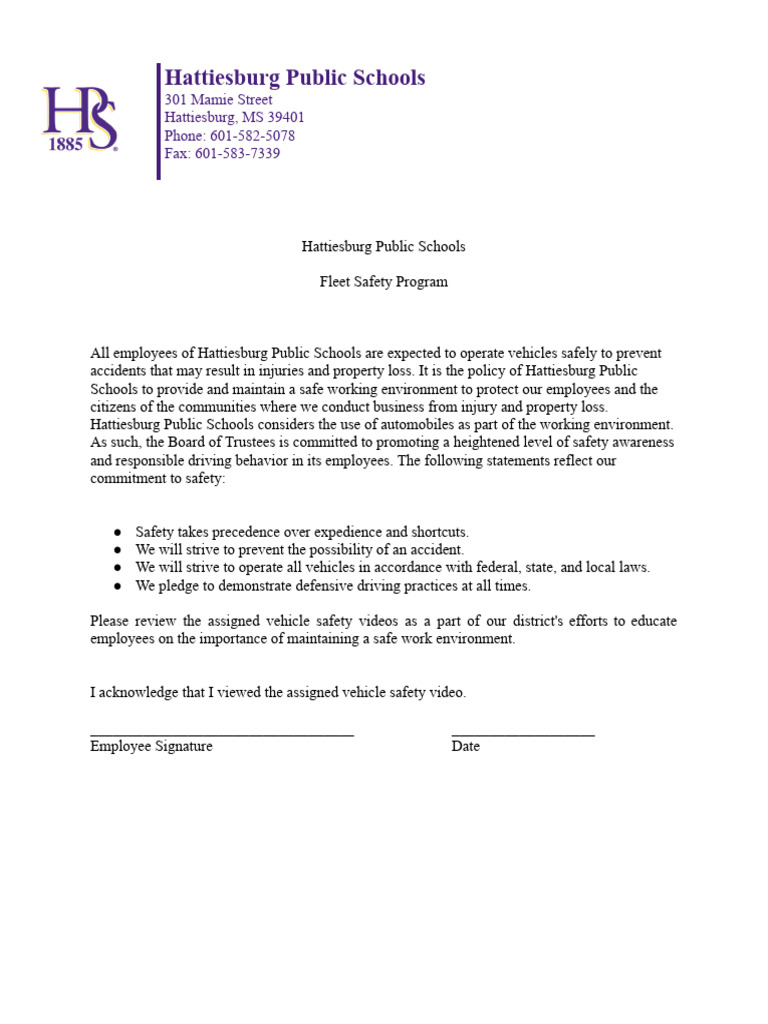 Hattiesburg Schools Fleet Safety Policy | PDF