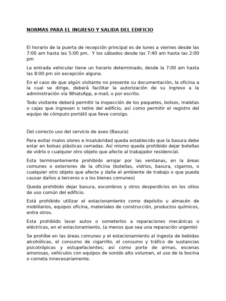 Normas para El Ingreso y Salida Del Edificio | PDF