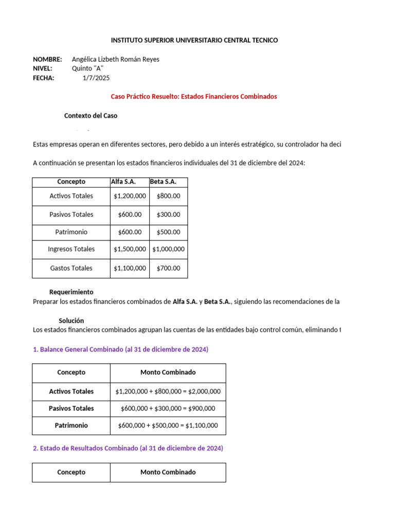 Caso Practico Nic 10 Eeff Combinados. Roman Angélica 5to A | PDF | Estado financiero ...