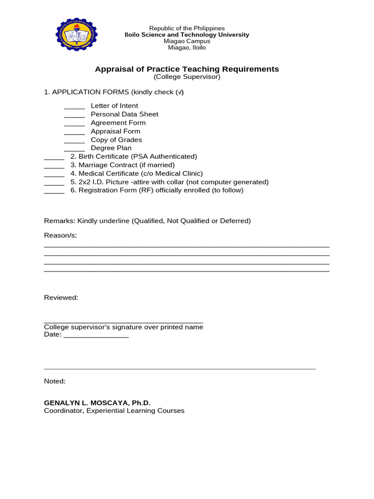 Appraisal of Practice Teaching Requirements | PDF