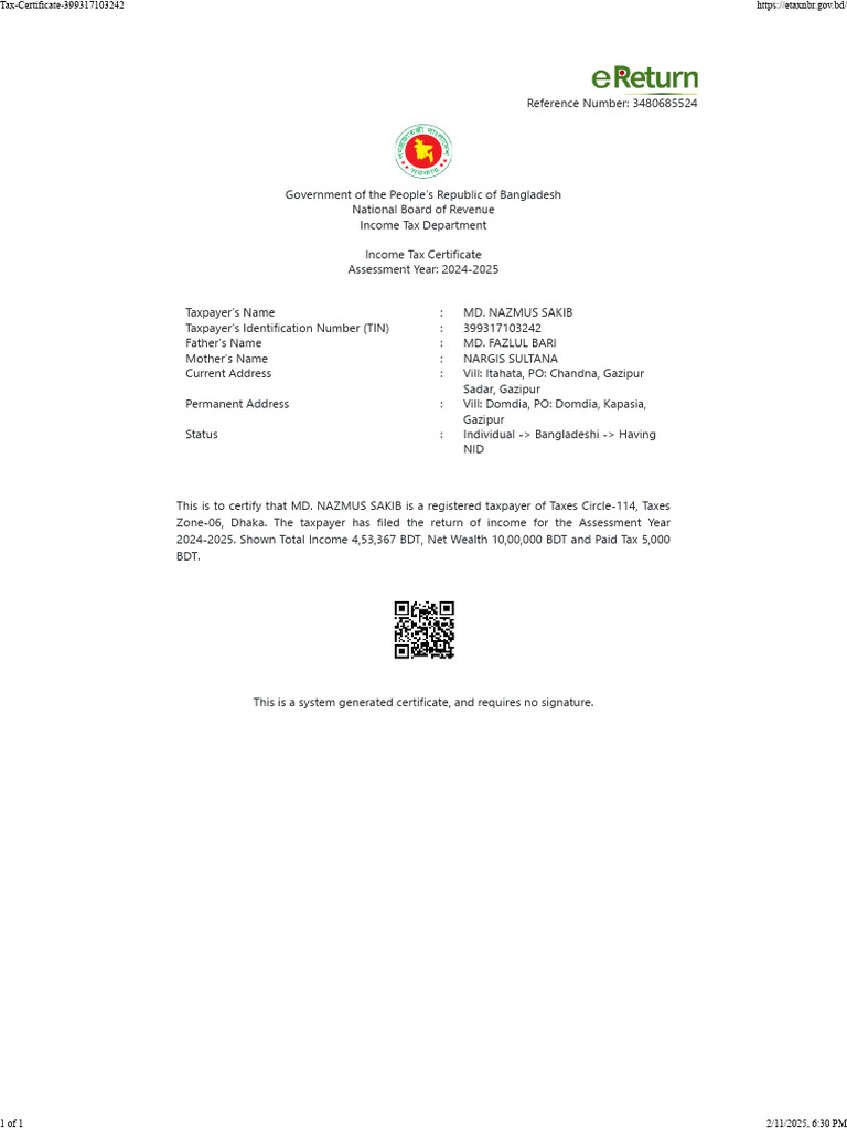Income Tax Certificate for MD. Nazmus Sakib | PDF