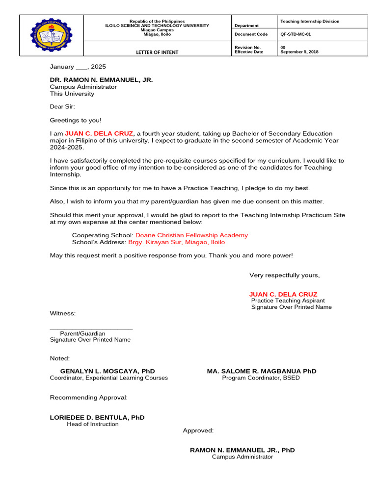 FILIPINO-Letter-of-Intent | PDF | Higher Education | Educational Stages