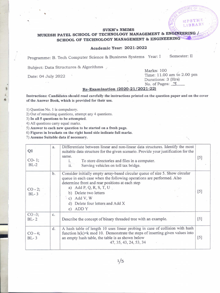 Data Structures and Algorithms Sem-II Re-Exam Batch 2020-21 and 2021-22 0h5YzswSFY | PDF