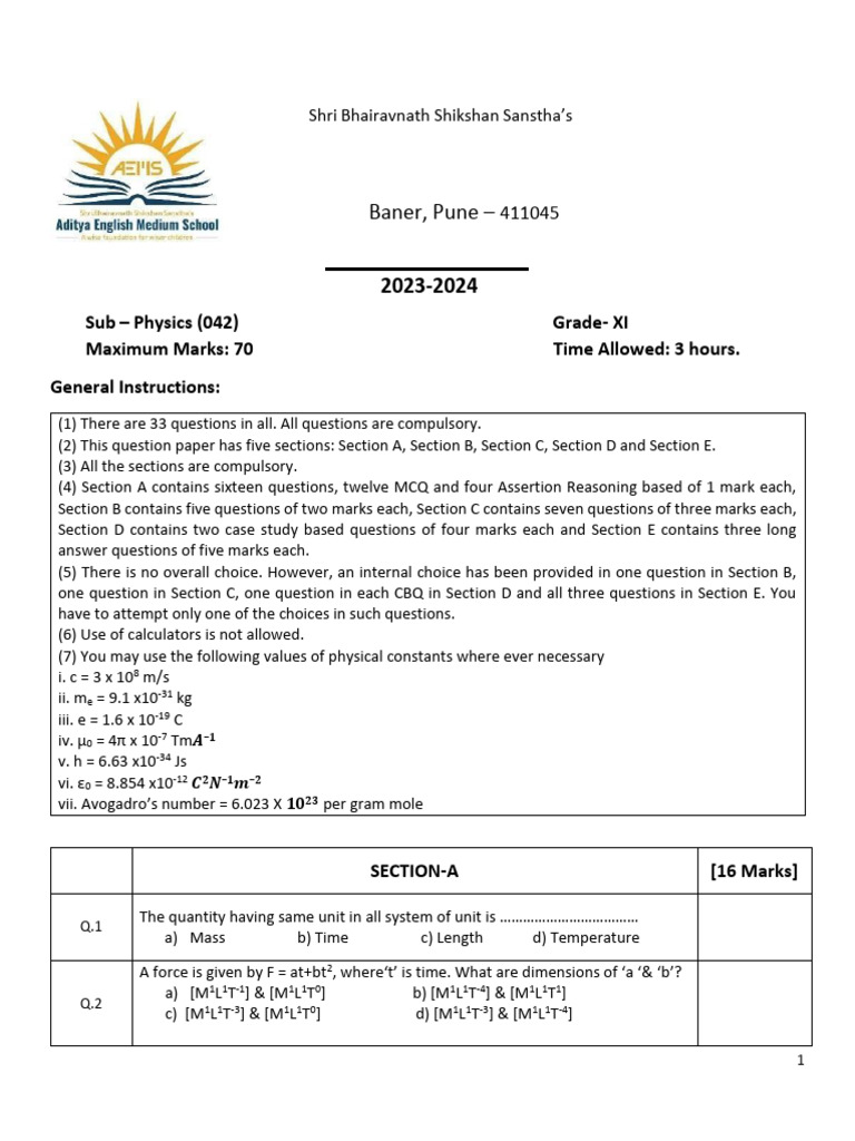 Grade XI Physics Exam Paper | PDF | Force | Potential Energy
