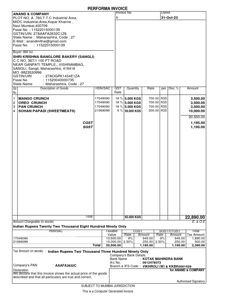Performa Invoice for Anand & Company | PDF | Trade | Sales