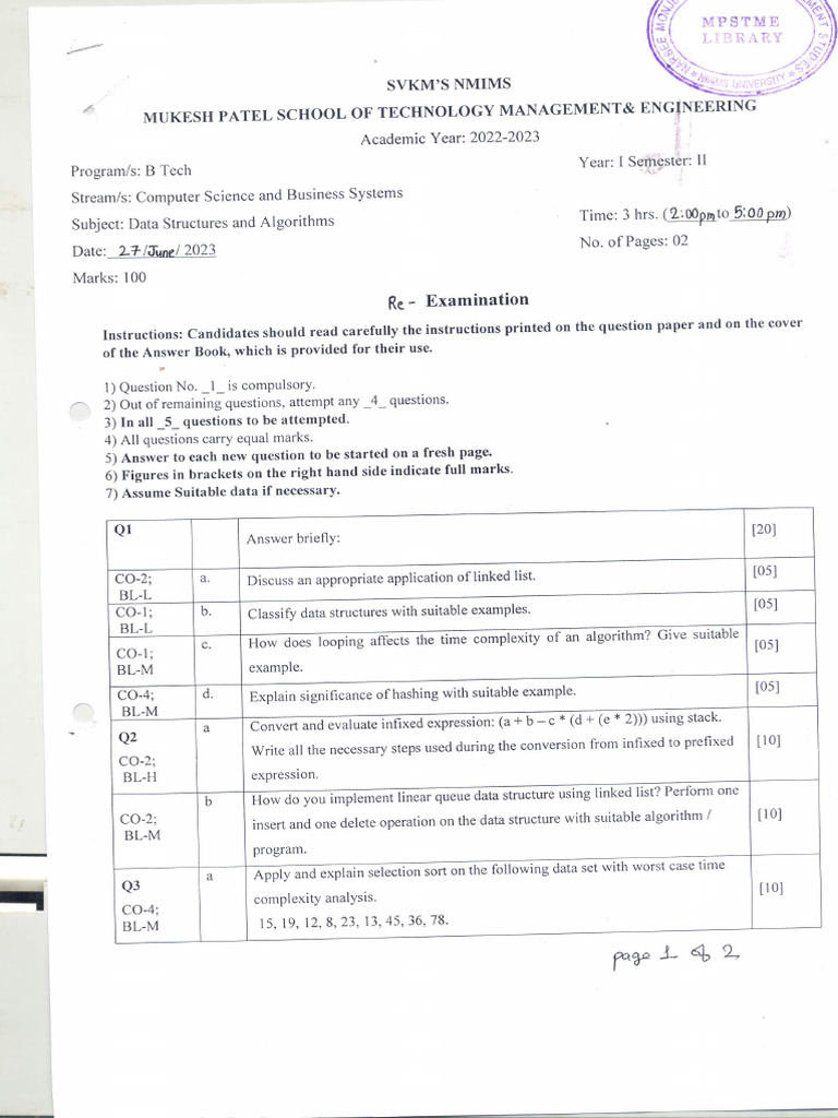 Data Structures and Algorithms Sem-II Year 2022-23 Re Exam IXMsqpB4f6 | PDF