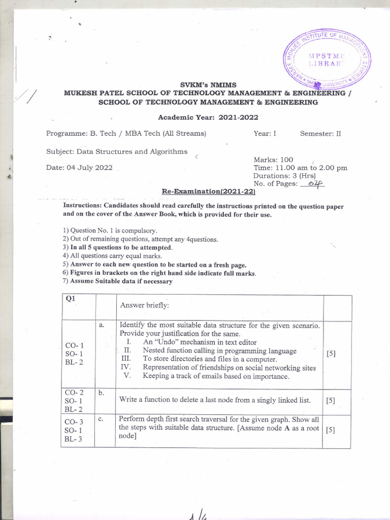 Data Structures and Algorithms Sem-II Re-Exam Year 2021-22 ThInJ3JV0x | PDF