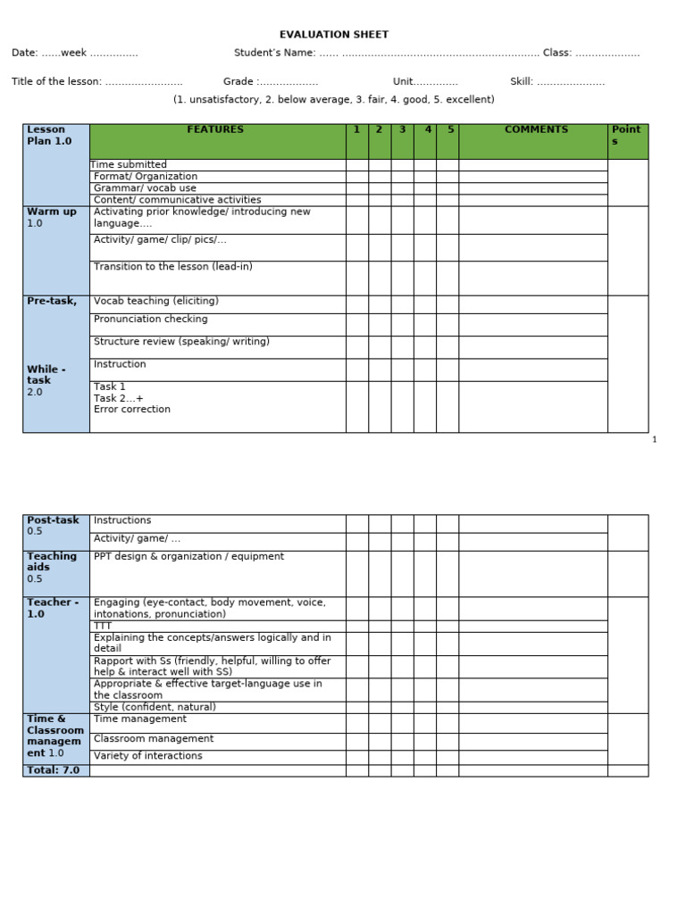 2022 Evaluation sheet , Teaching Practice 2 | PDF