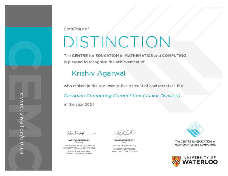 Krishiv Agarwal CEMC CCC Certificate of Distinction | PDF