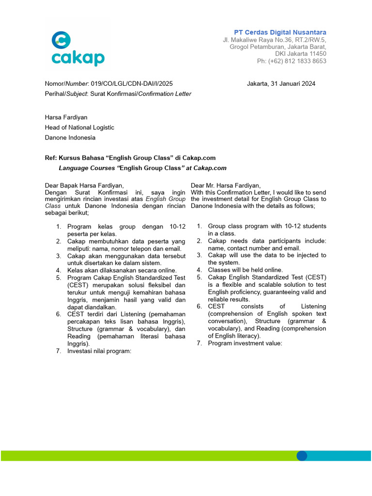 [Cakap Enterprise] Confirmation Letter - Danone Batch 1&2 (Jan2025).docx | PDF