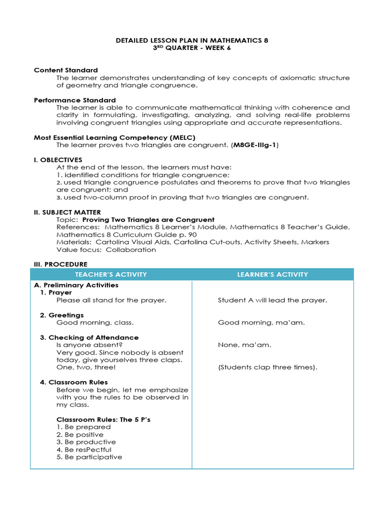 Proving Triangle Congruence Lesson Plan | PDF | Elementary Geometry ...