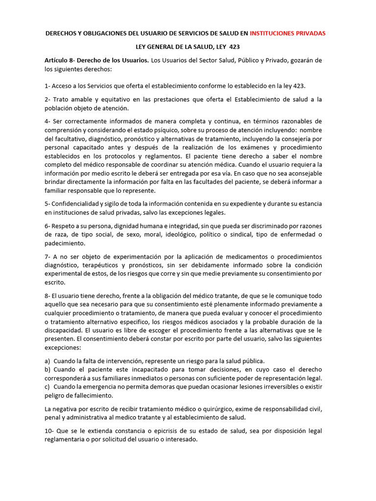 Derechos y Obligaciones Del Usuario Ley 423 | PDF | Cuidado de la salud