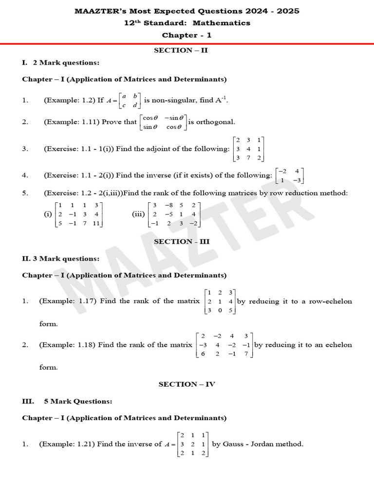 12th Maths Chapter 1 PDF | PDF | Matrix (Mathematics) | Determinant