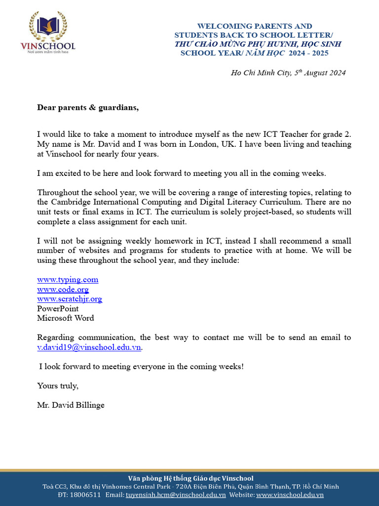 David (G2 ICT) - Welcome Letter | PDF