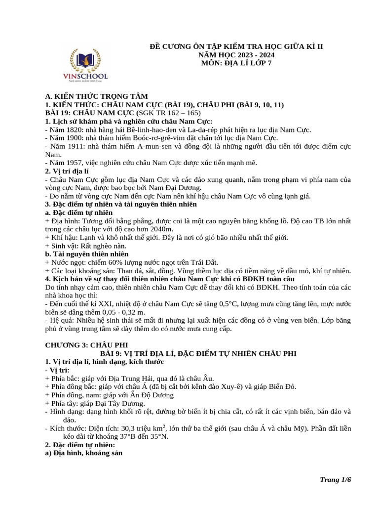 ĐỀ CƯƠNG_ÔN TẬP KIỂM TRA GHK 2_ĐL 7 | PDF