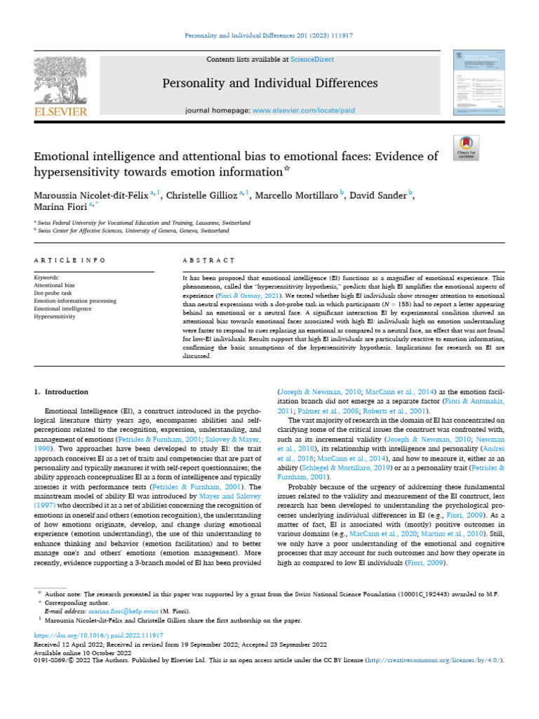 Emotional Intelligence and Attentional Bias To Emotion 2023 Personality ...